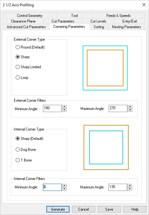 Profile-NEST Module > 2 Axis Profiling > Cornering Parameters